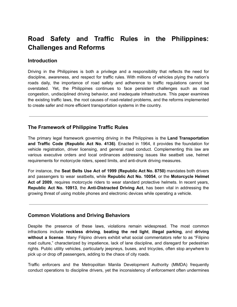 Road Safety and Traffic Rules in the Philippines: Challenges and Reforms