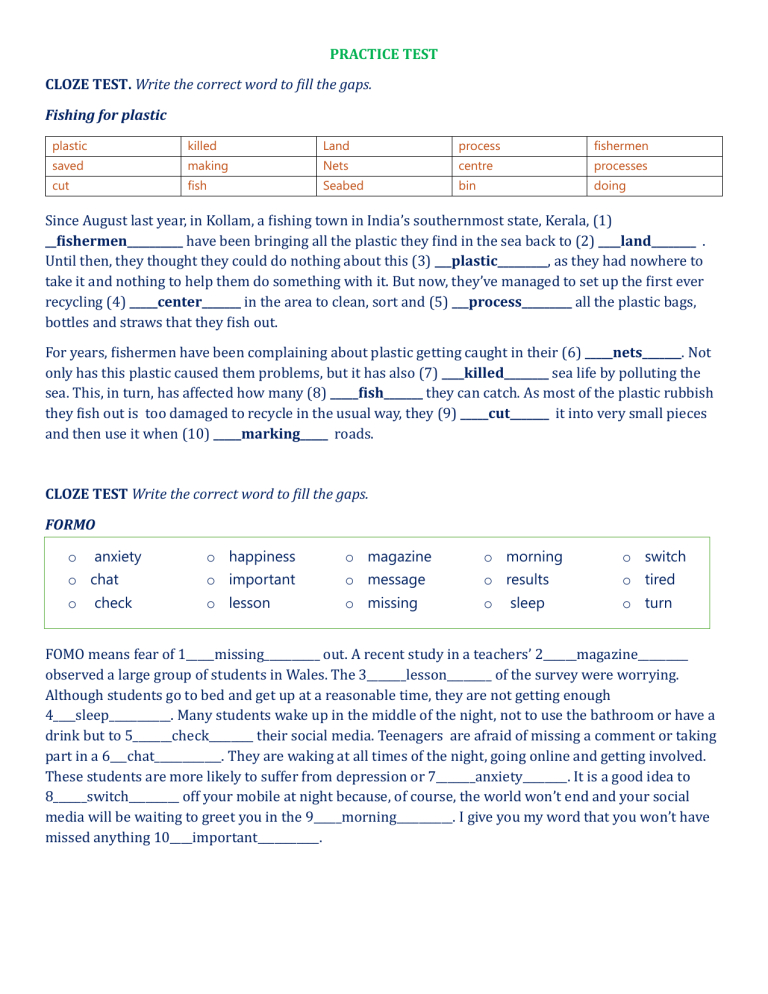 Practice Test: Cloze & Reading Comprehension