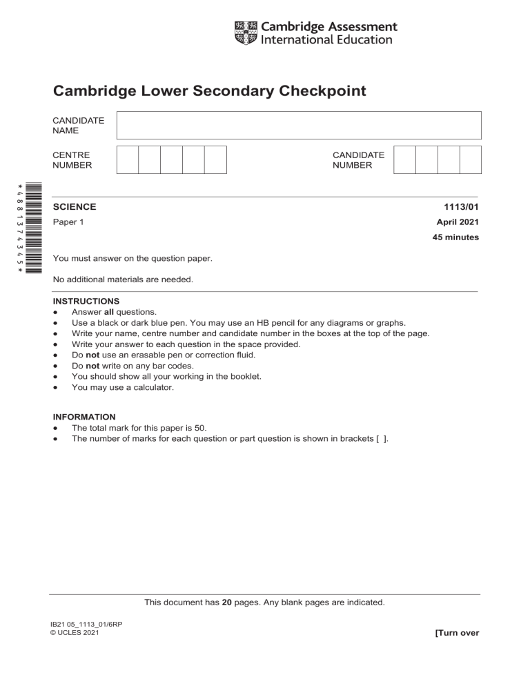 Cambridge Lower Secondary Checkpoint Science Paper 1 2021