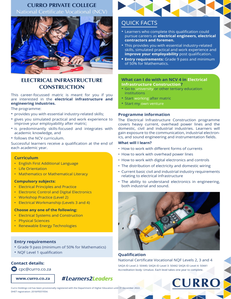 NCV Electrical Infrastructure Construction Program | Curro Private College