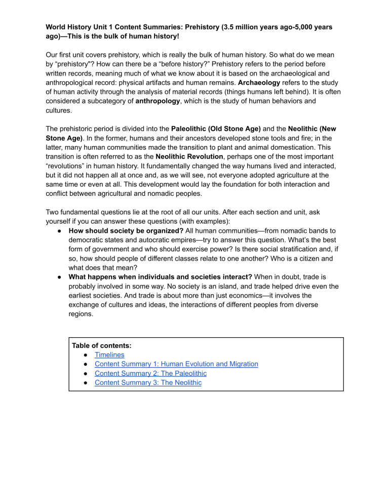World History Unit 1: Prehistory Summary