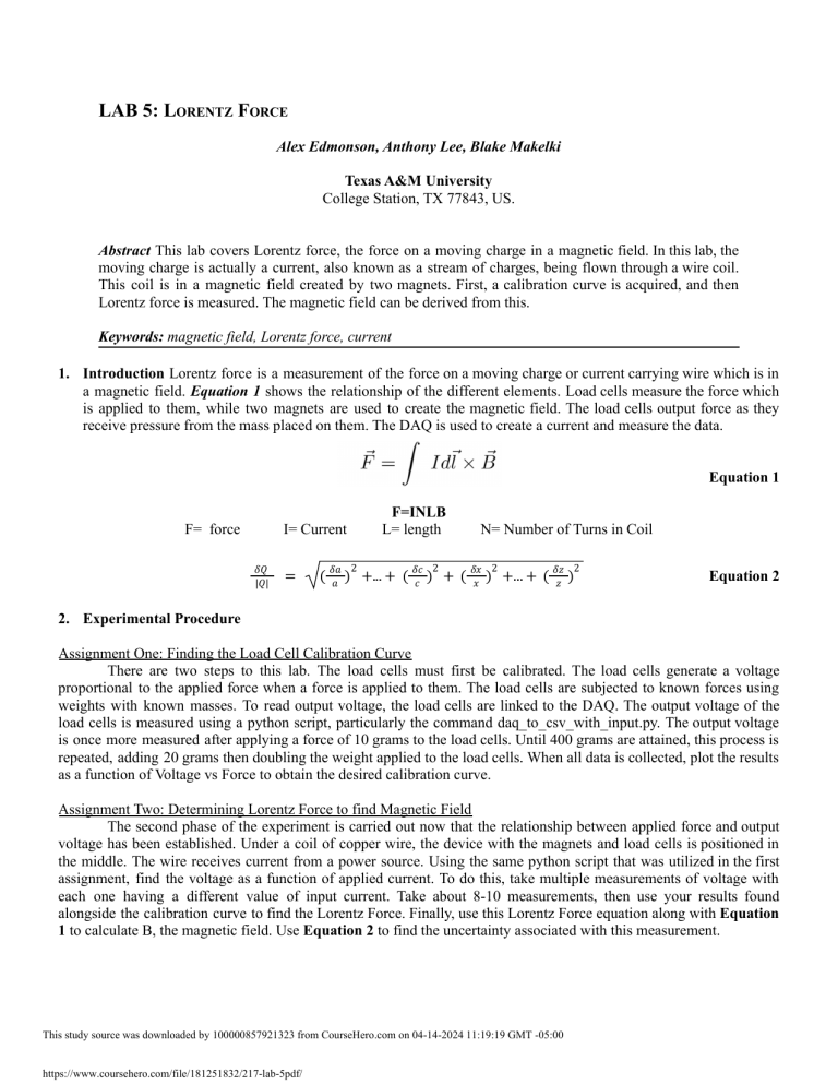 Lab 5: Lorentz Force Experiment