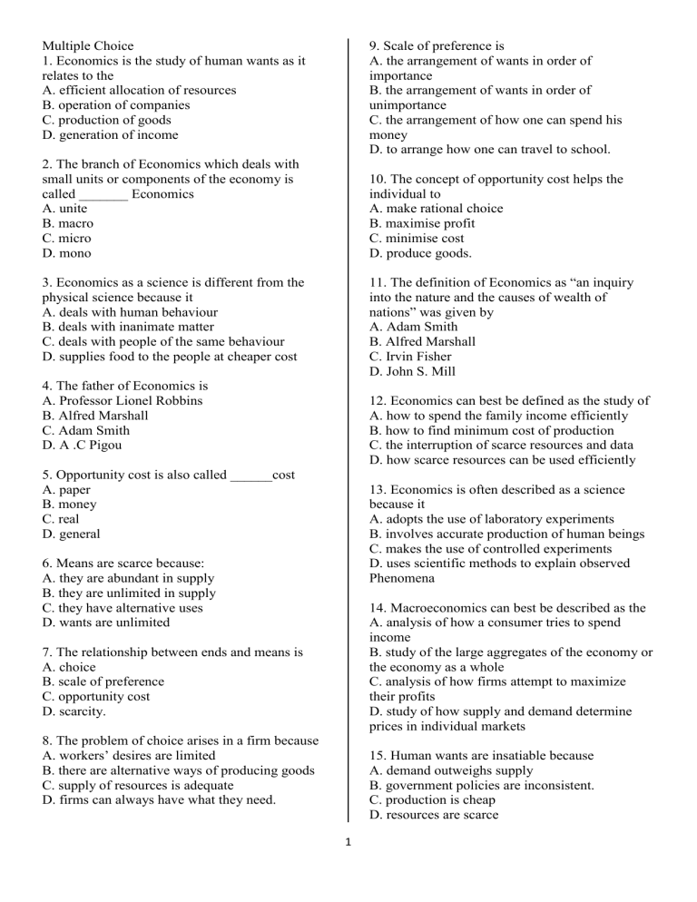 Economics Multiple Choice Questions & Theory