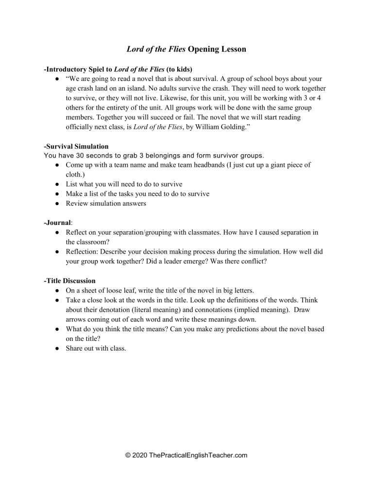 Lord of the Flies Opening Lesson Plan