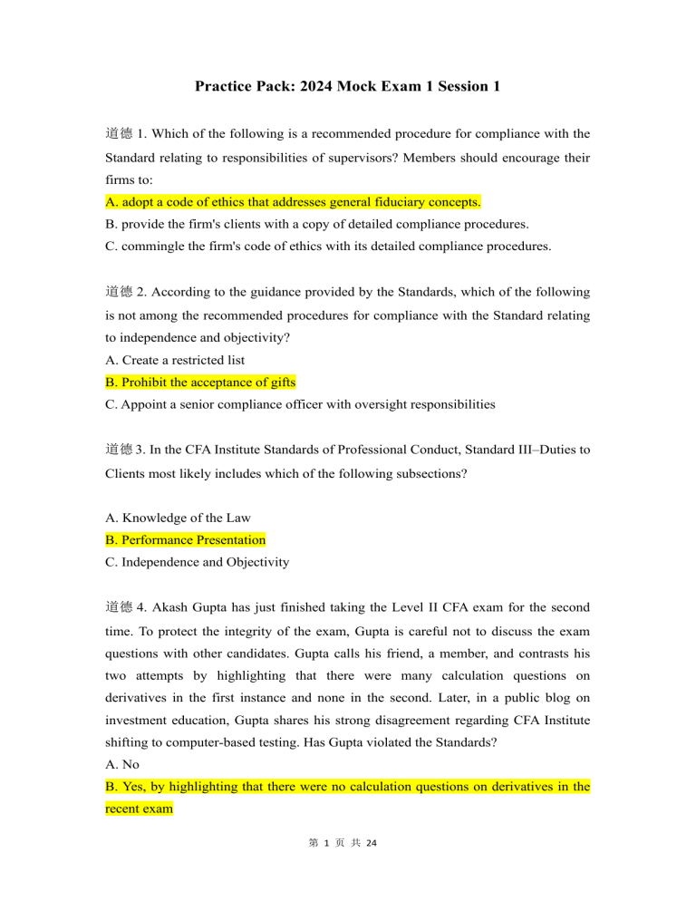 2024 CFA Level II Mock Exam 1 Session 1 Practice Pack