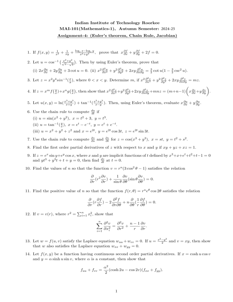 IIT Roorkee MAI-101 Assignment 4: Euler's Theorem, Chain Rule, Jacobian