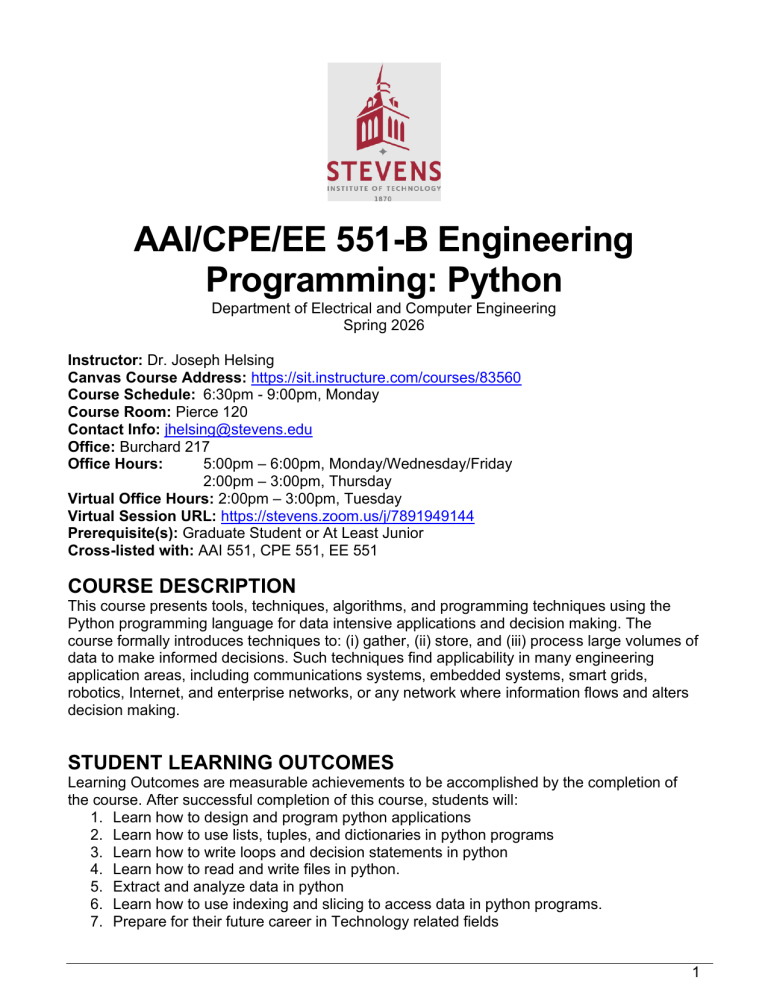 Engineering Programming: Python Syllabus - Stevens Institute