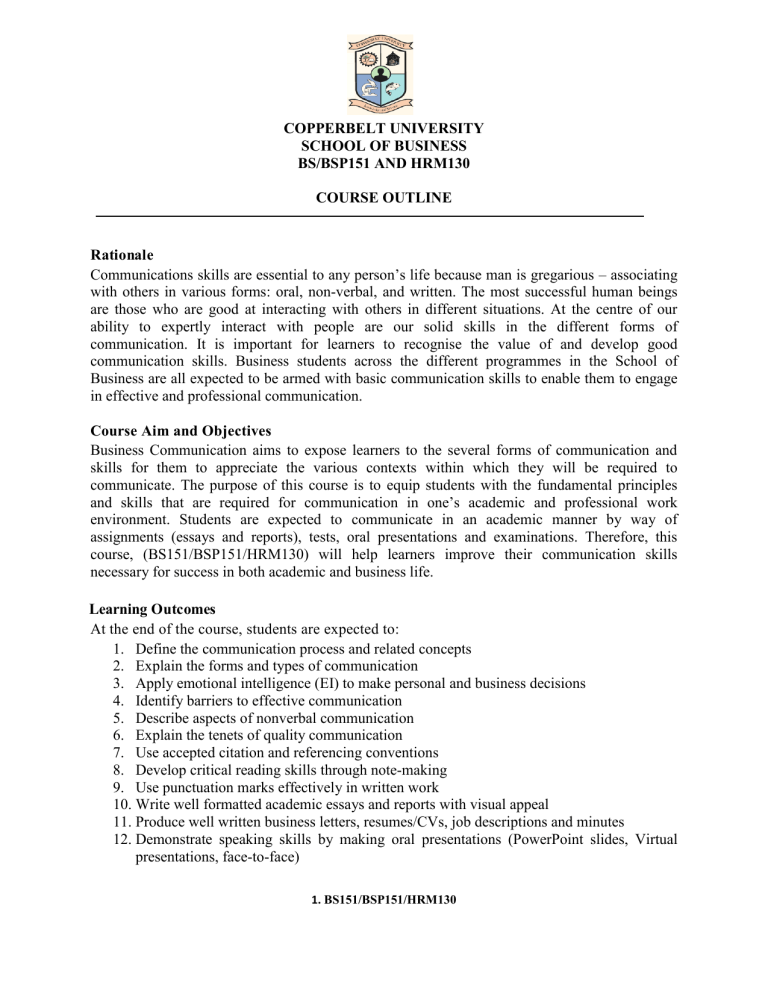 Copperbelt University Business Communication Course Outline BS151 ...
