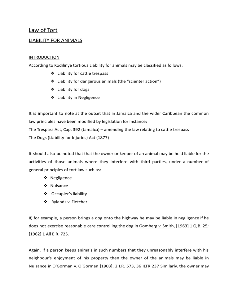 Law of Tort: Liability for Animals