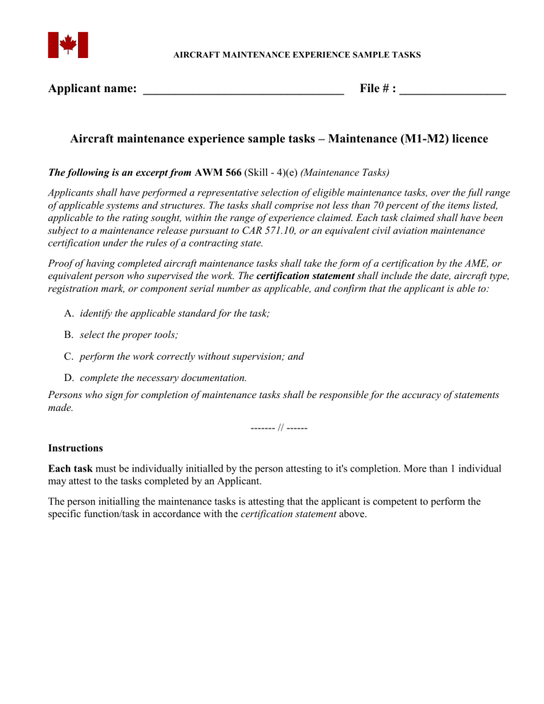 Aircraft Maintenance Experience Sample Tasks