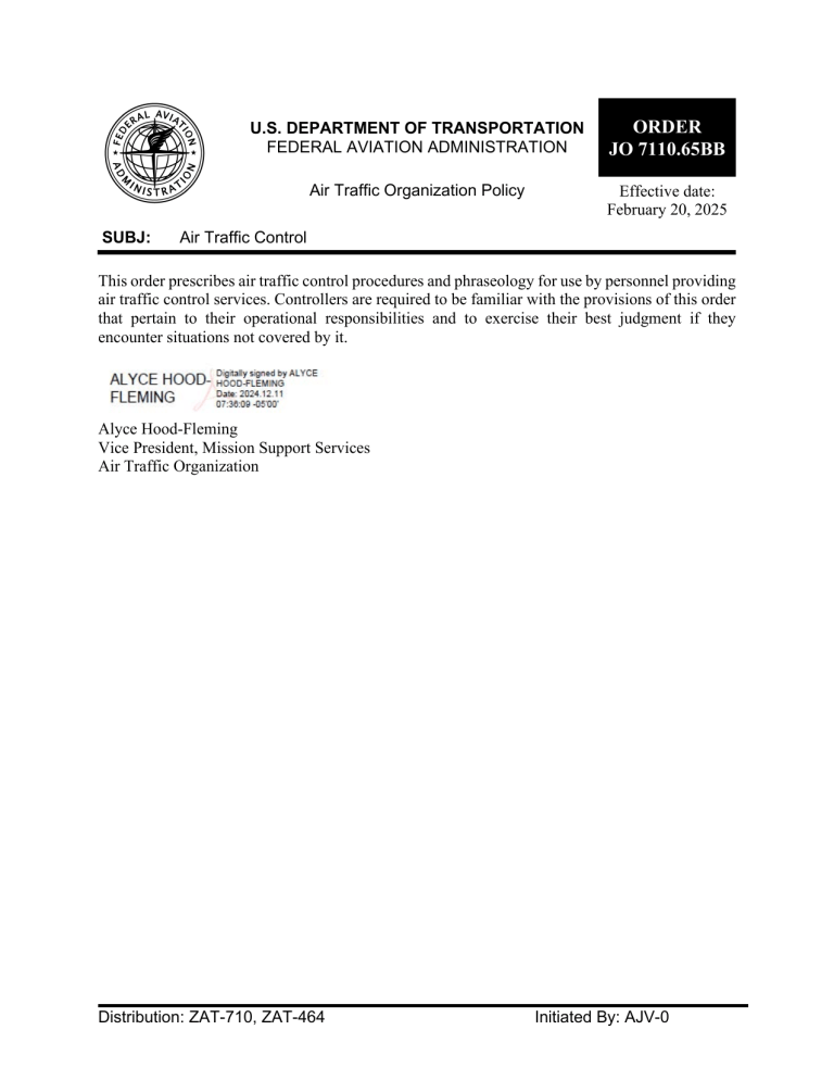 FAA Order 7110.65BB Air Traffic Control Procedures