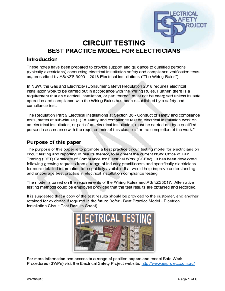 Circuit Testing Best Practice Model for Electricians
