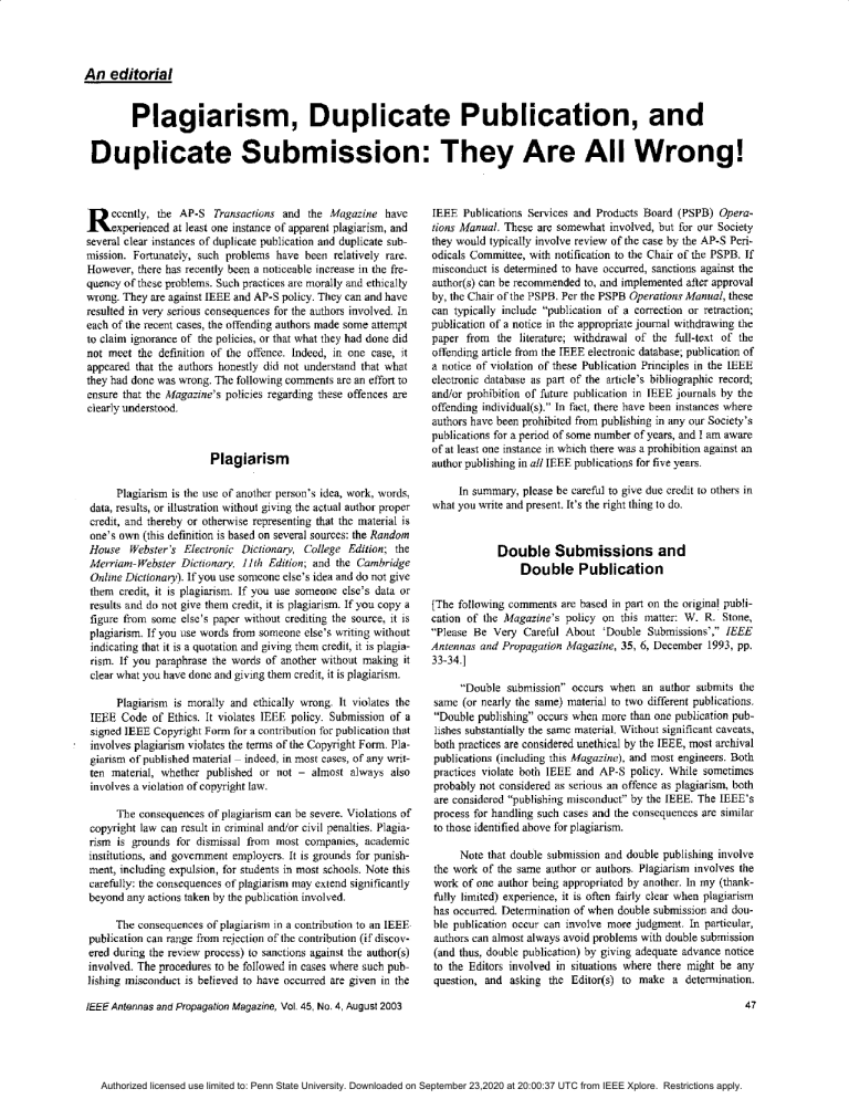 IEEE Editorial on Plagiarism & Publication Ethics