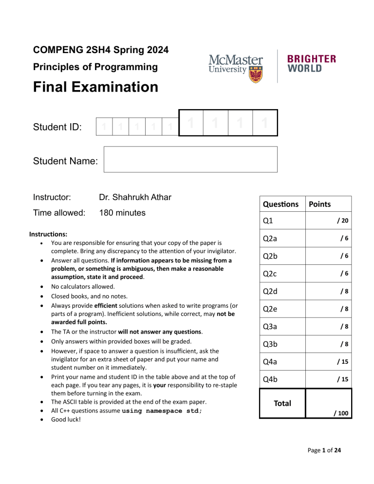 McMaster University COMPENG 2SH4 Final Exam