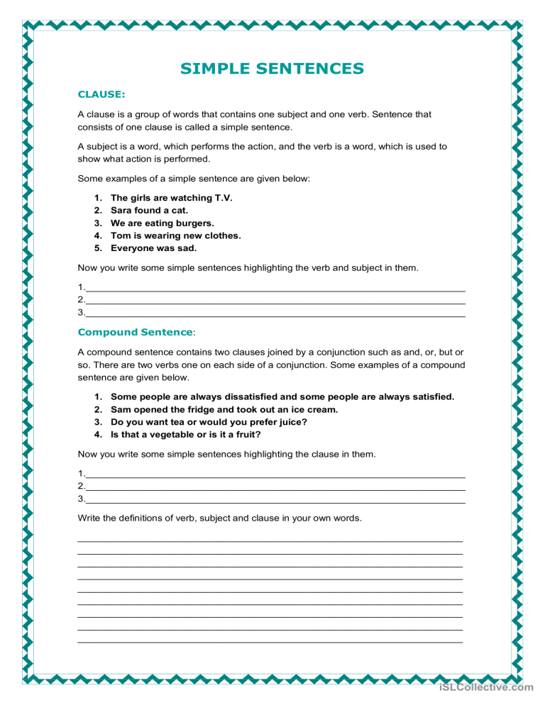 Simple Sentences Worksheet: Grammar Exercises