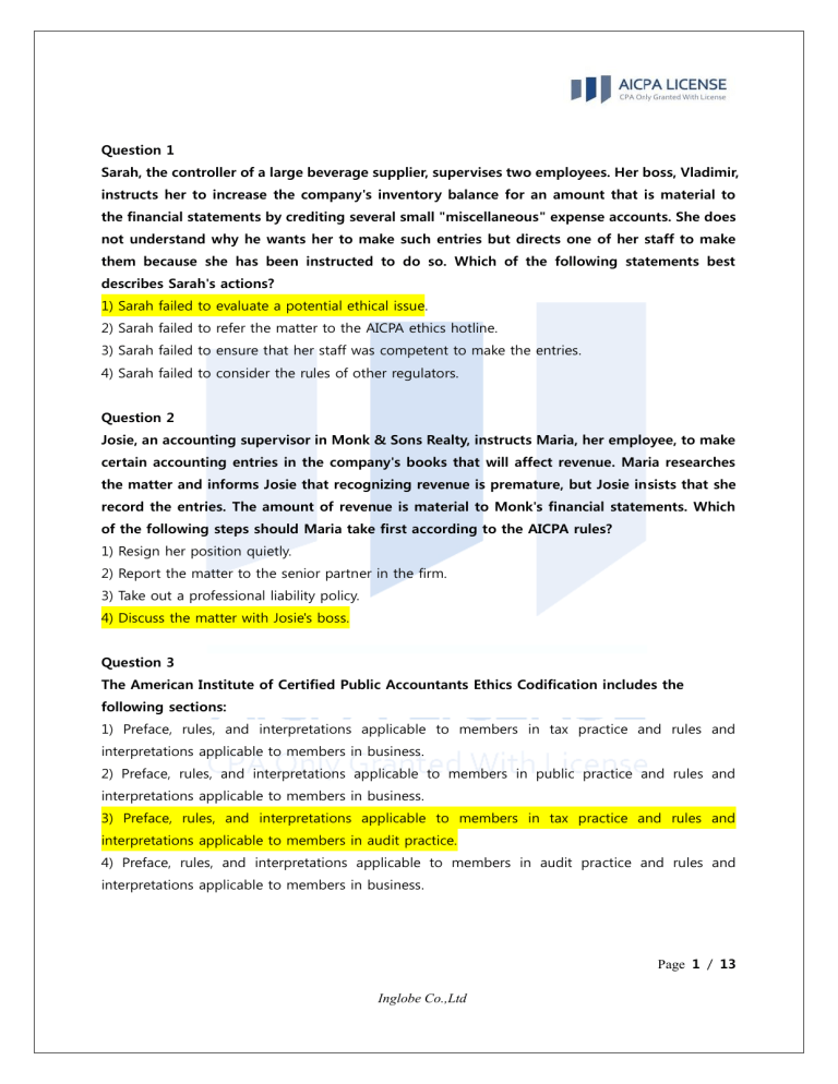 AICPA Ethics Practice Questions
