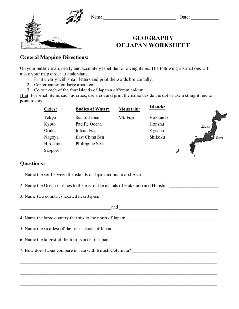 Geography of Japan Worksheet