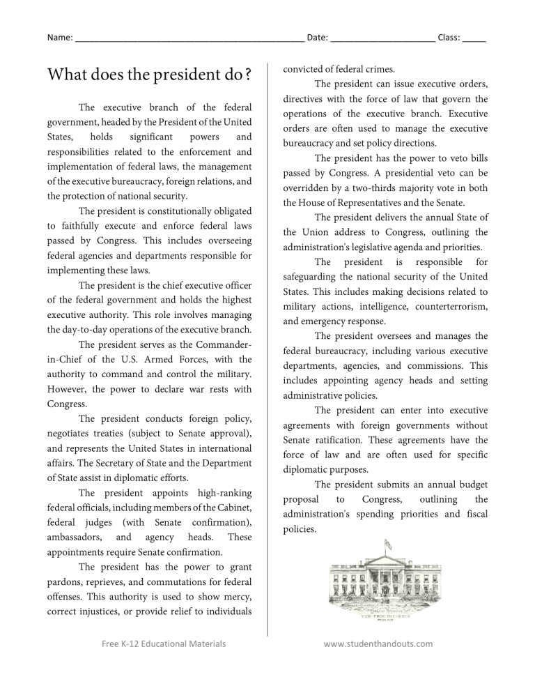 Powers of the President Worksheet