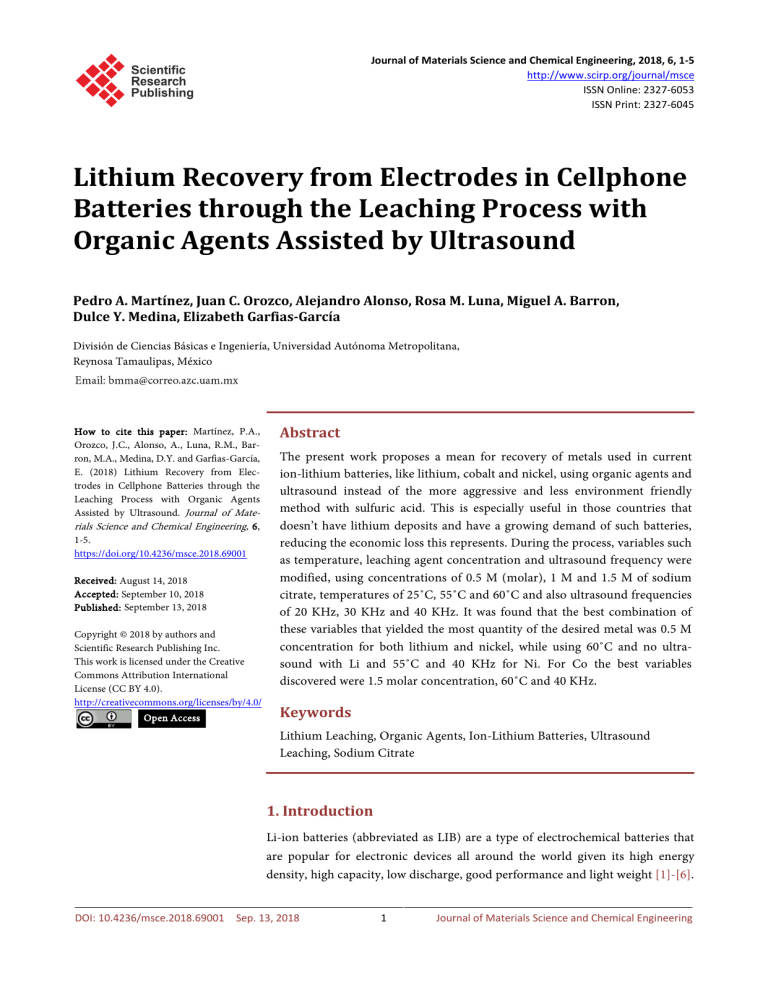 Lithium Recovery from Batteries via Organic Leaching