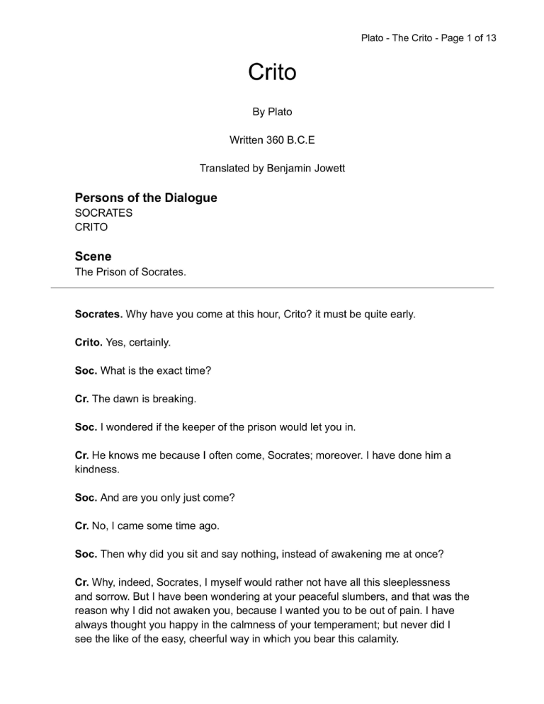 Plato's Crito: Dialogue on Justice, Law, and Civic Duty