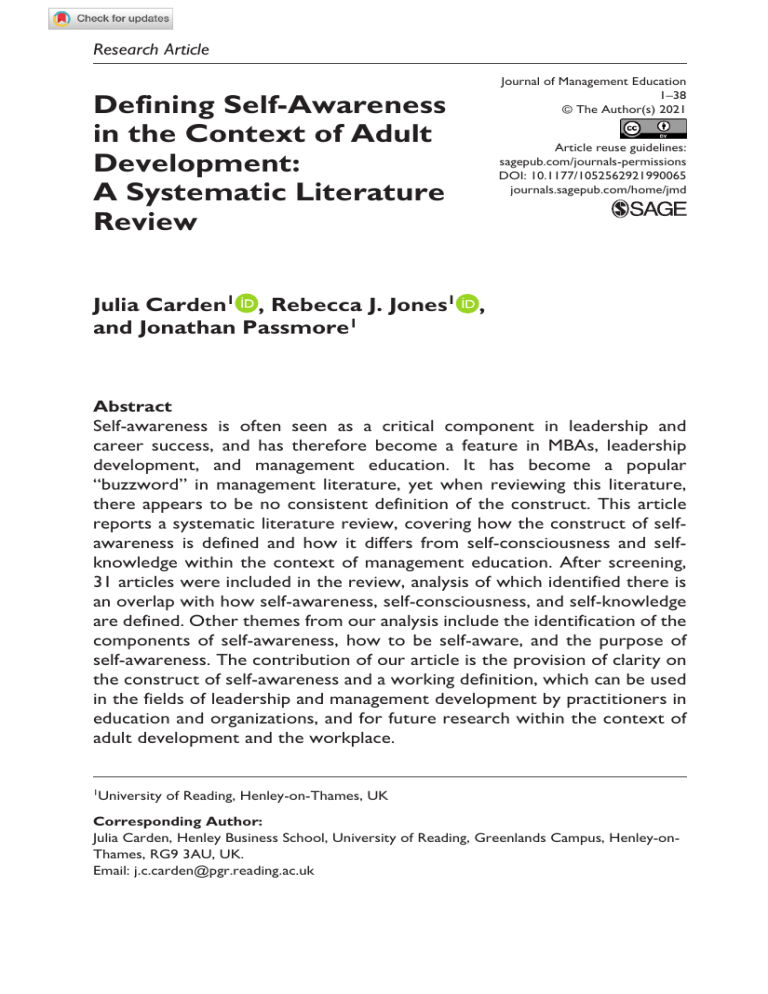 Defining Self-Awareness in Adult Development: A Literature Review