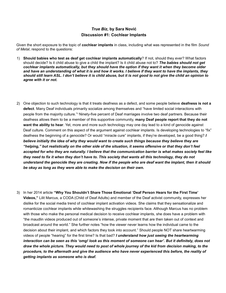 True Biz Discussion Guide: Cochlear Implants