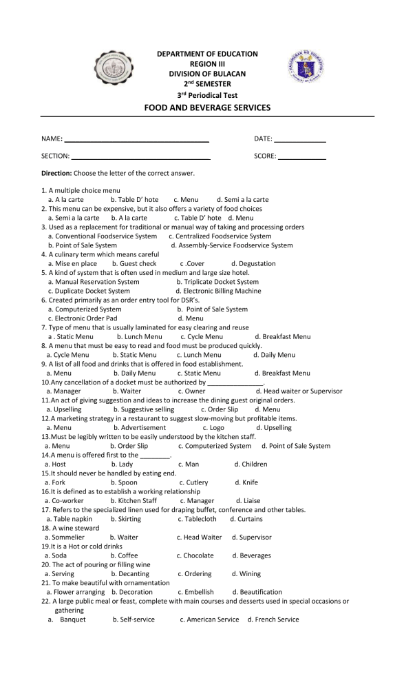 Food and Beverage Services 3rd Periodical Test
