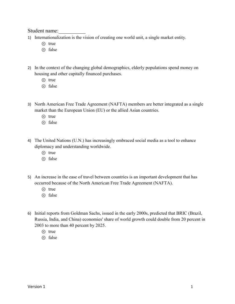 International Business Chapter 1 Exam: Globalization and Trade