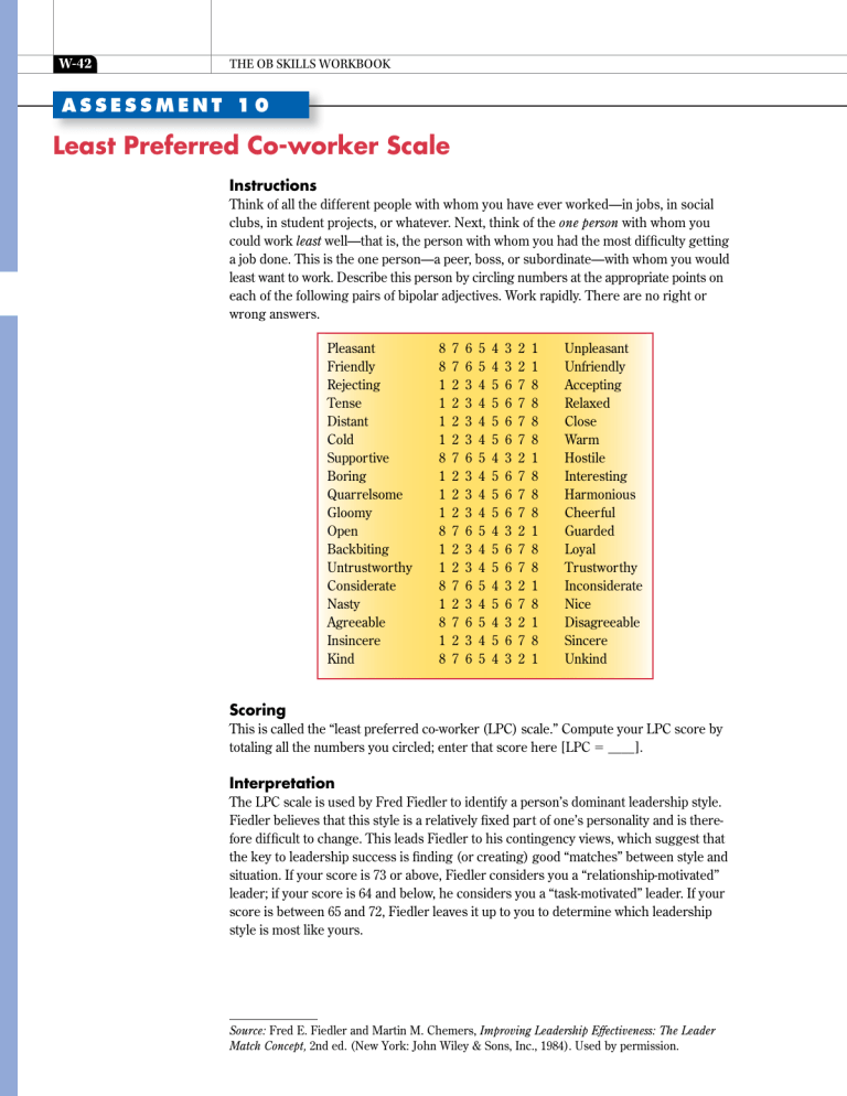Least Preferred Co-worker Scale (LPC) Assessment