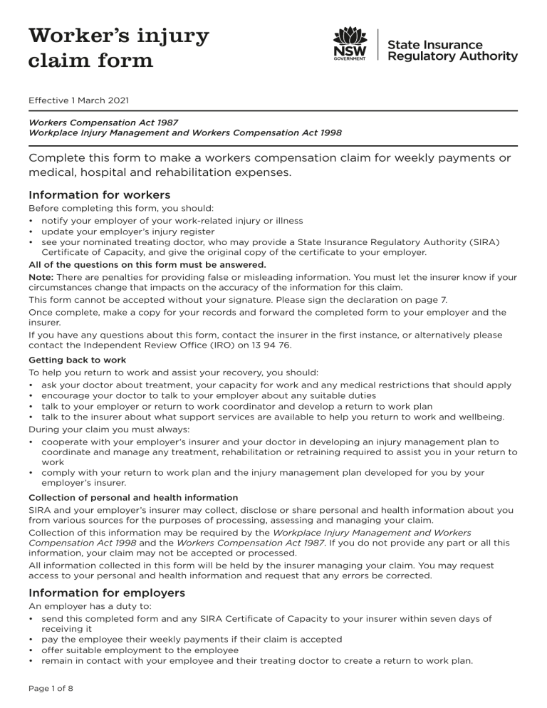Worker's Injury Claim Form - NSW Workers Compensation