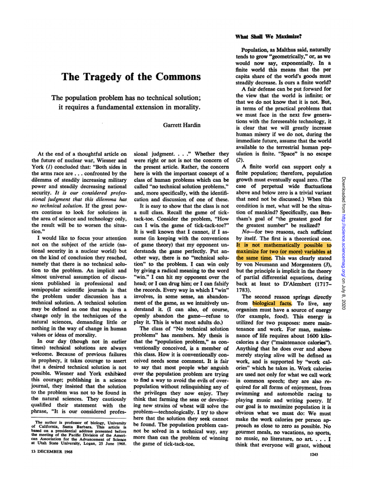 The Tragedy of the Commons: Population and Resource Management