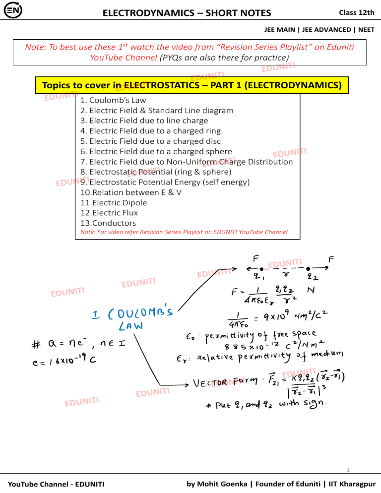 Electrodynamics Short Notes for Class 12 JEE