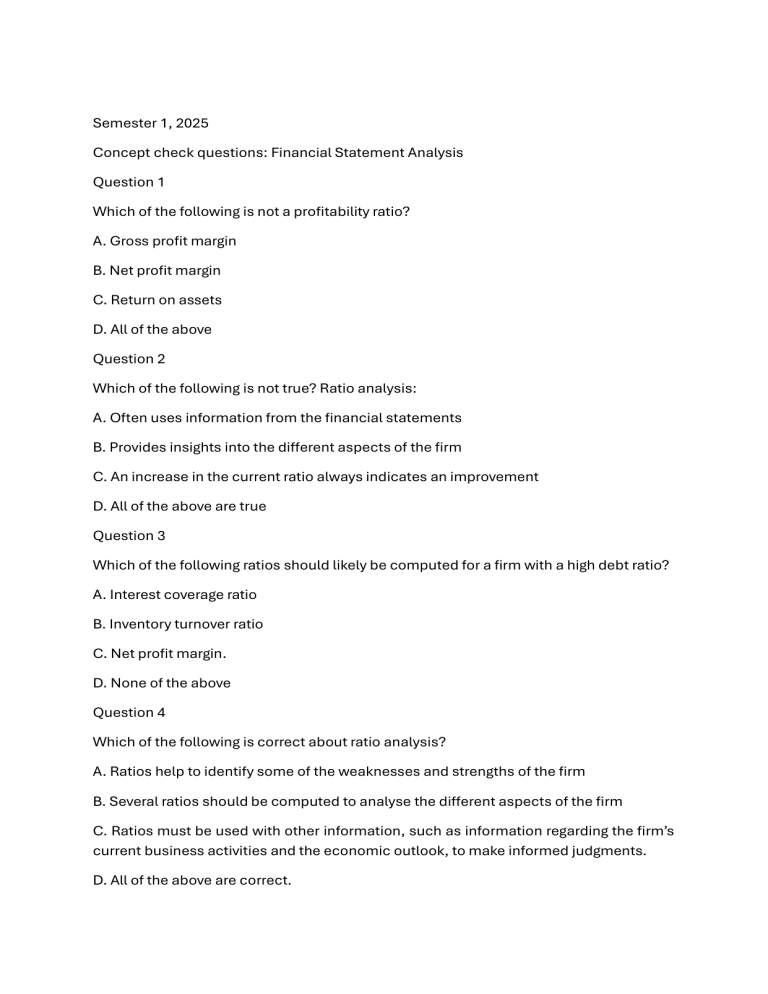 Financial Statement Analysis Quiz Questions