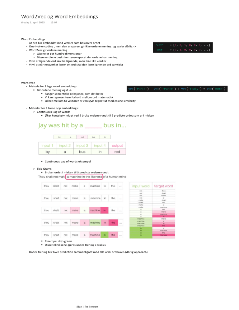 Word2Vec og Word Embeddings Foredragsnoter