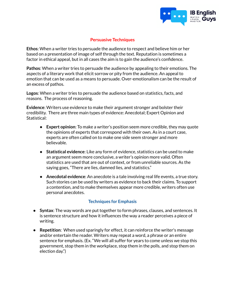 Persuasive Techniques: Ethos, Pathos, Logos Guide