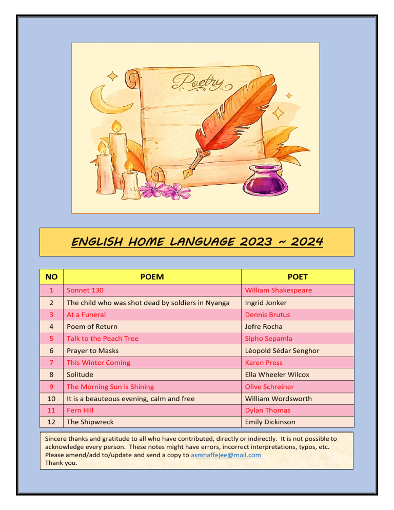 English Home Language Poetry Study Guide 2023-2024