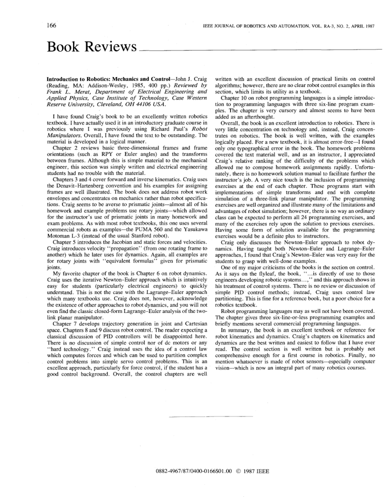 Review of Introduction to Robotics: Mechanics and Control