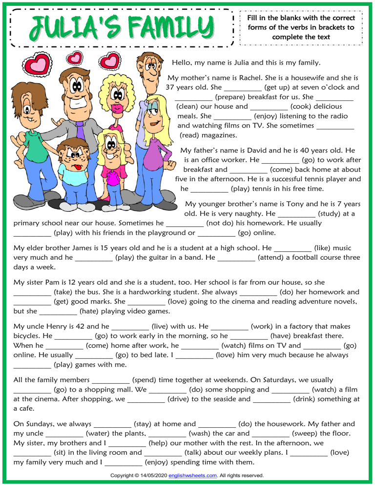Julia's Family Verb Exercise Worksheet