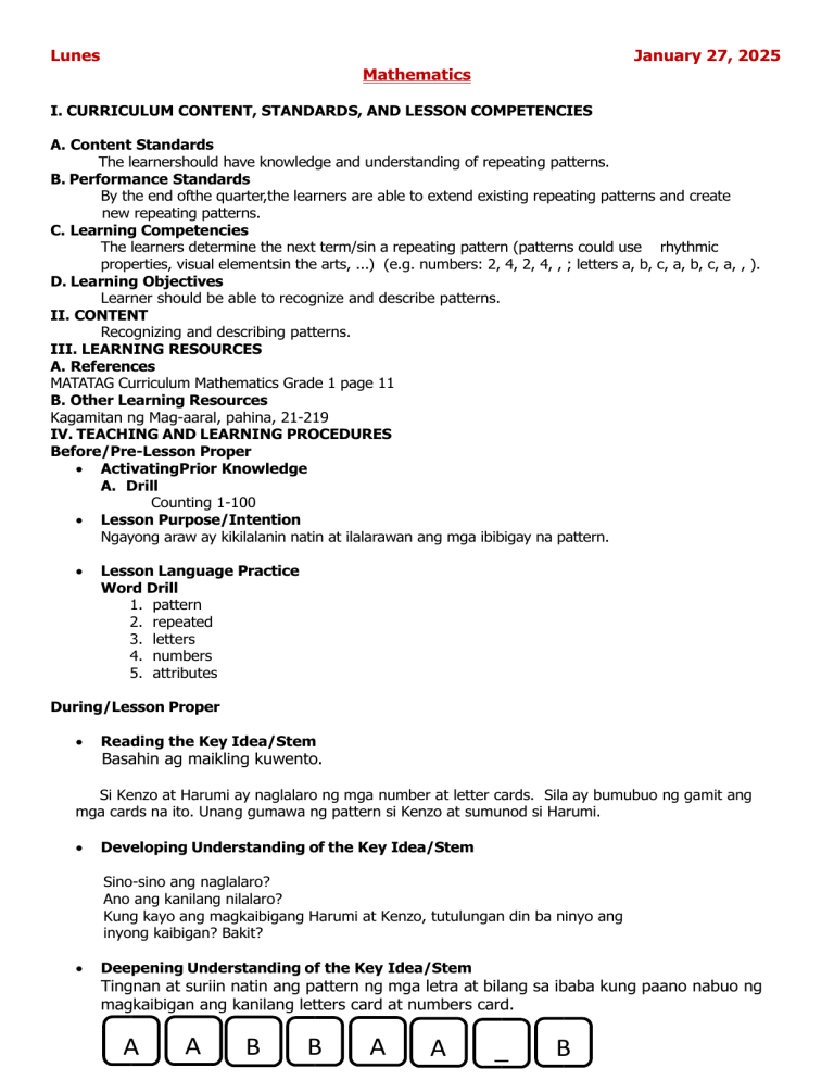 Grade 1 Math: Repeating Patterns Lesson Plan