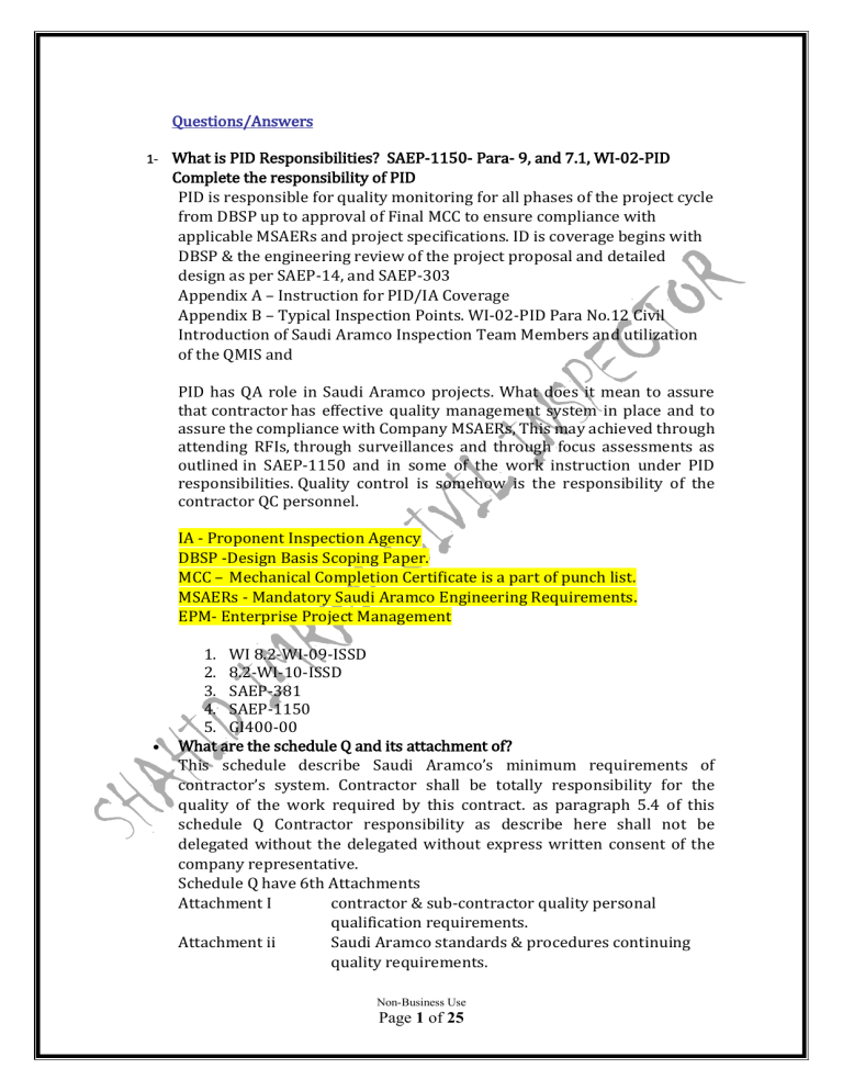 Saudi Aramco PID Responsibilities Q&A