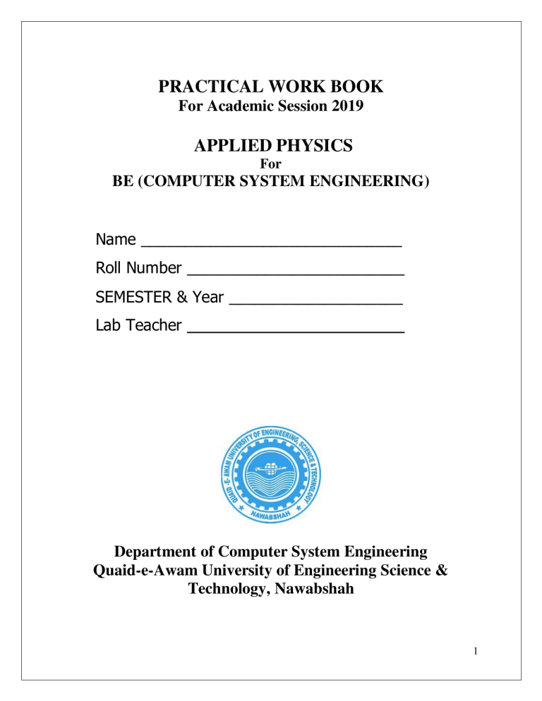 Applied Physics Practical Workbook for BE Computer System Engineering