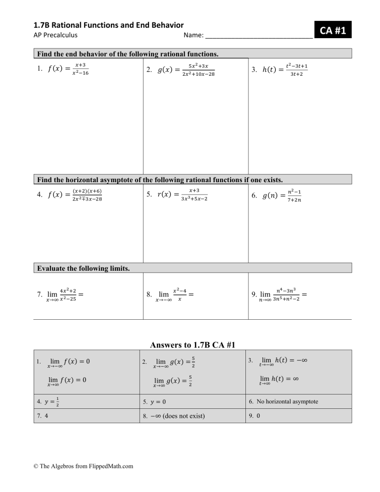 1.7B Rational Functions and End Behavior Worksheet