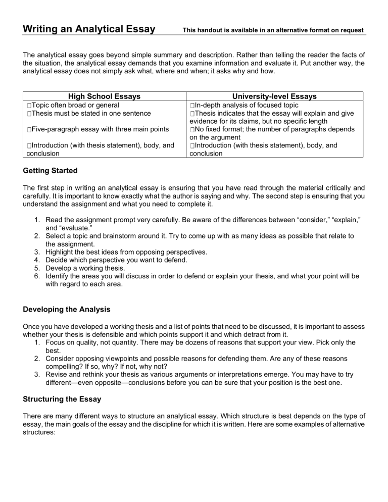 Writing an Analytical Essay: Student Guide