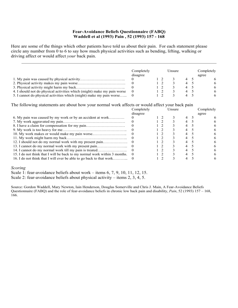 Fear-Avoidance Beliefs Questionnaire (FABQ) - Waddell et al.