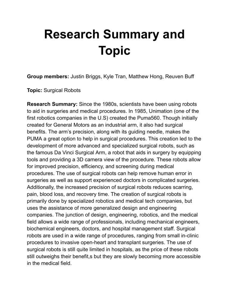 Surgical Robots: Research Summary