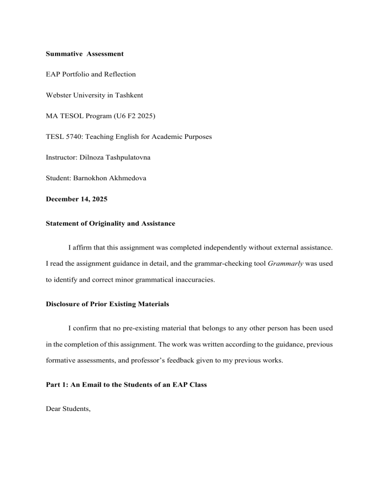 EAP Portfolio & Reflection: Academic Writing Guide