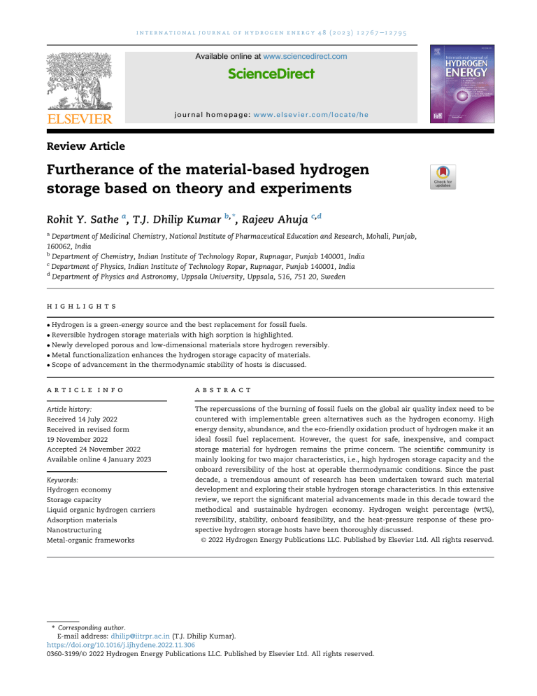 Review of Material-Based Hydrogen Storage: Theory and Experiments