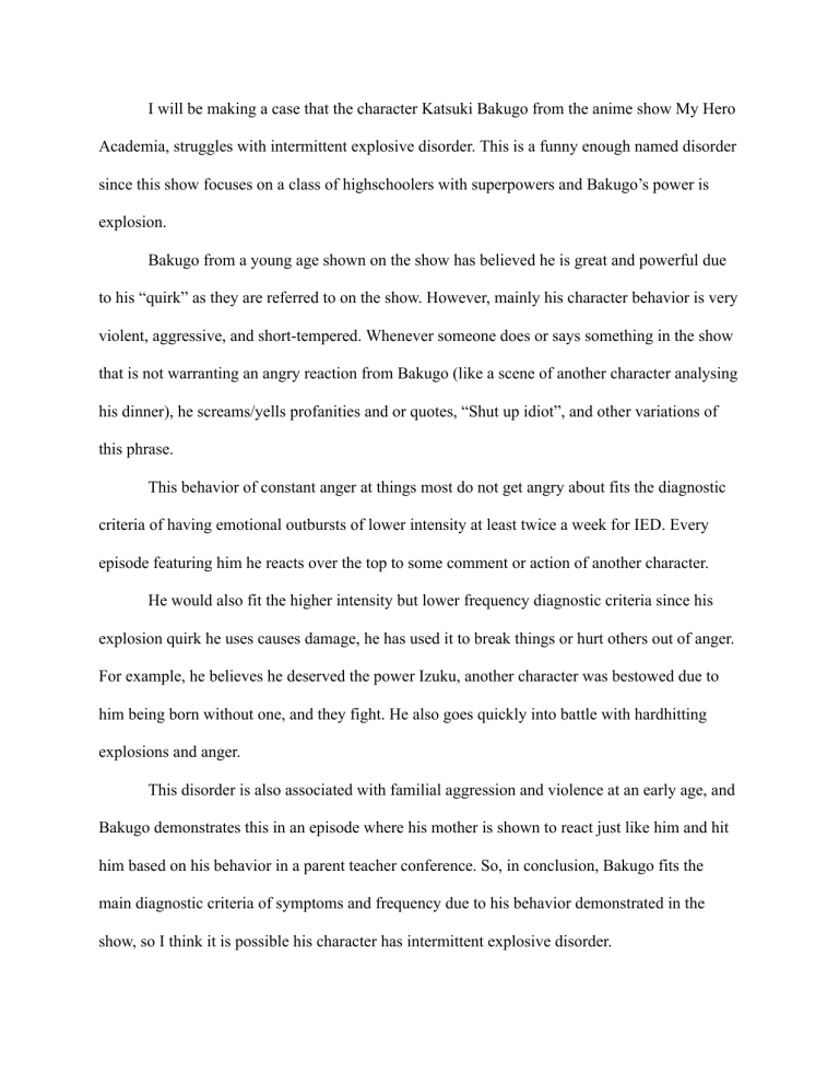 Bakugo's Intermittent Explosive Disorder: MHA Analysis