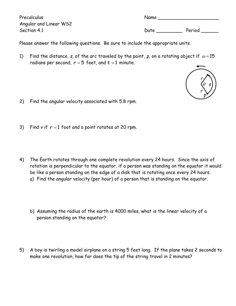 Precalculus Angular and Linear Velocity Worksheet