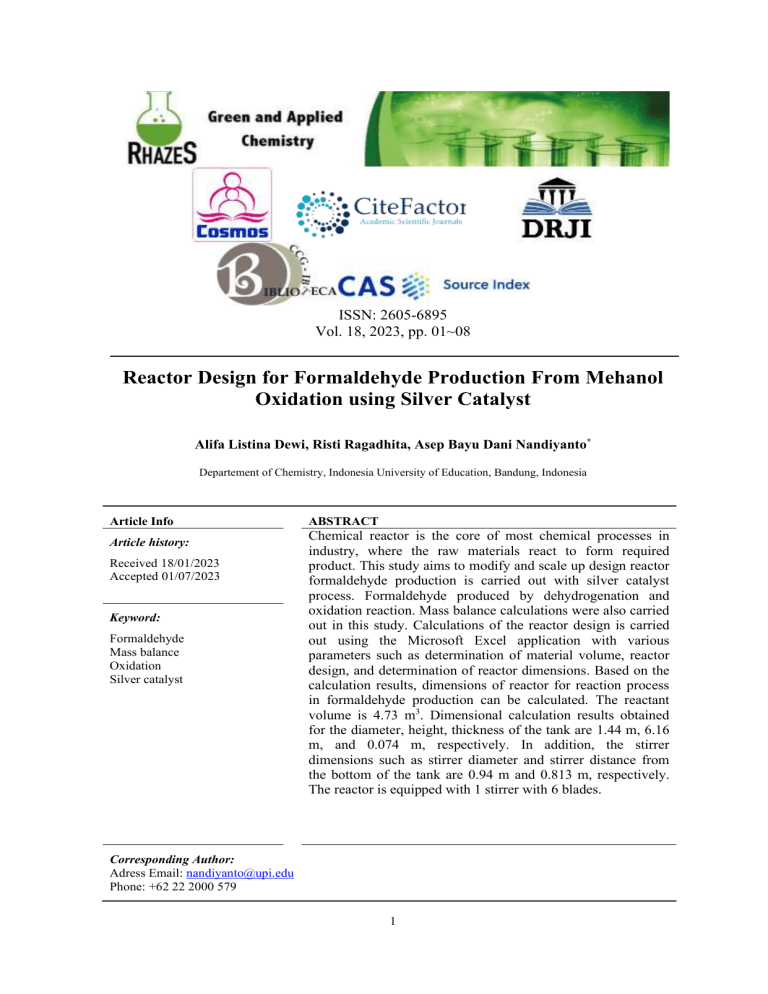 Reactor Design for Formaldehyde Production from Methanol Oxidation